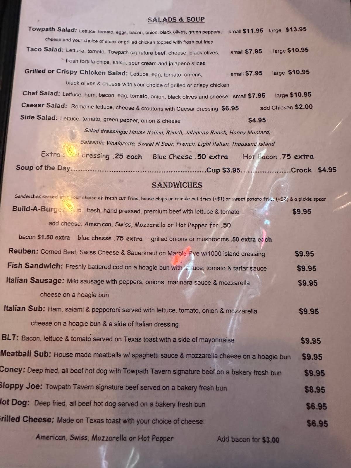 Menu at Towpath Tavern pub & bar, Bolivar, 225 Canal St