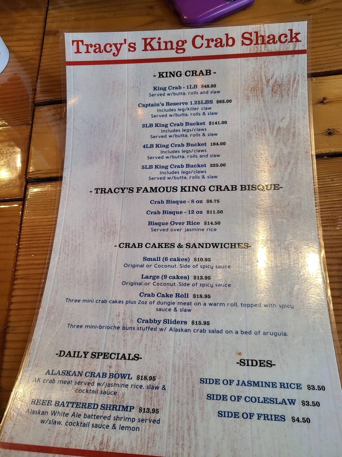 Menu at Tracy’s King Crab Shack restaurant, Juneau, 432 S Franklin St