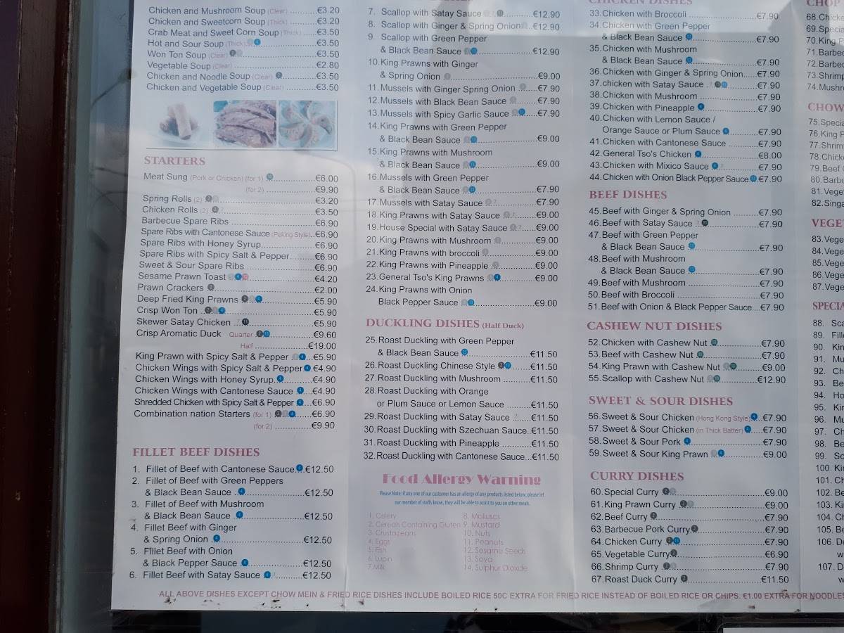 Menu at Rose Garden restaurant, Tralee