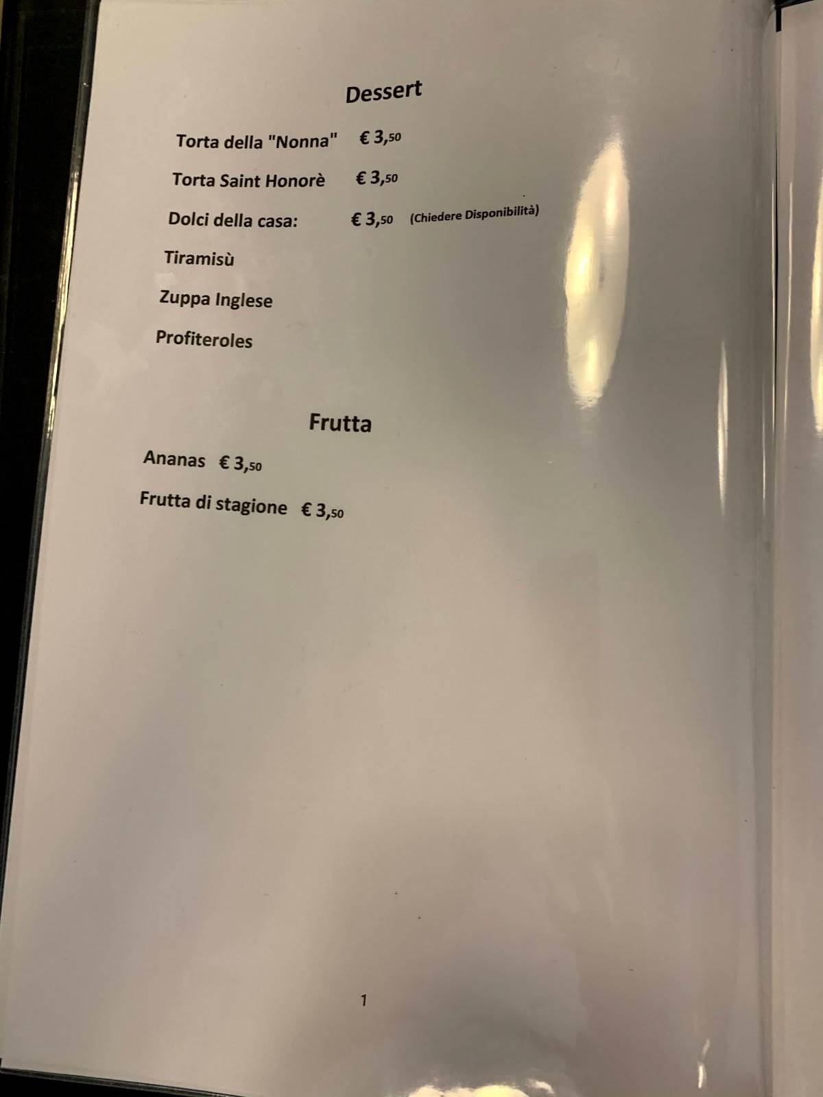 Menu at Trattoria La Sirenetta restaurant, Assisi