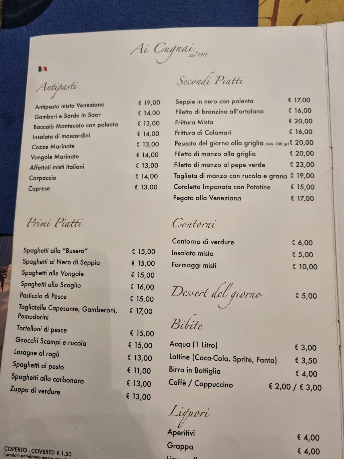 Menu at Trattoria ai Cugnai dal 1911 restaurant, Venice