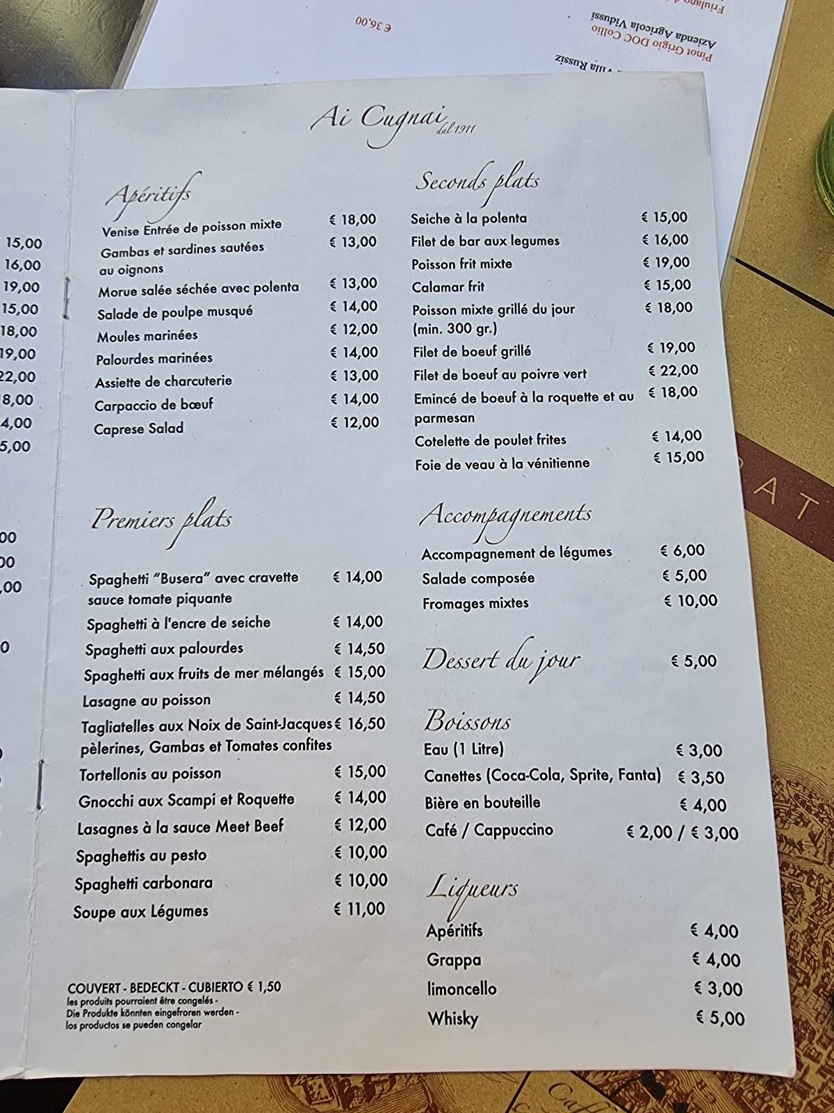 Menu at Trattoria ai Cugnai dal 1911 restaurant, Venice