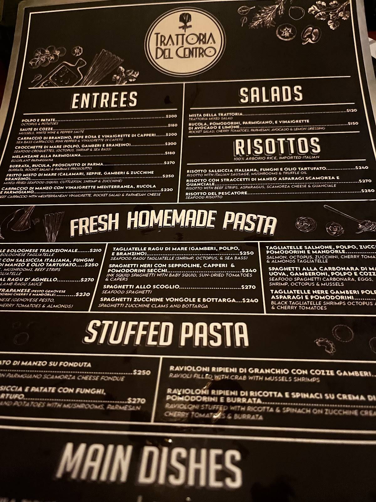Menu at Trattoria del Centro restaurant, Playa del Carmen