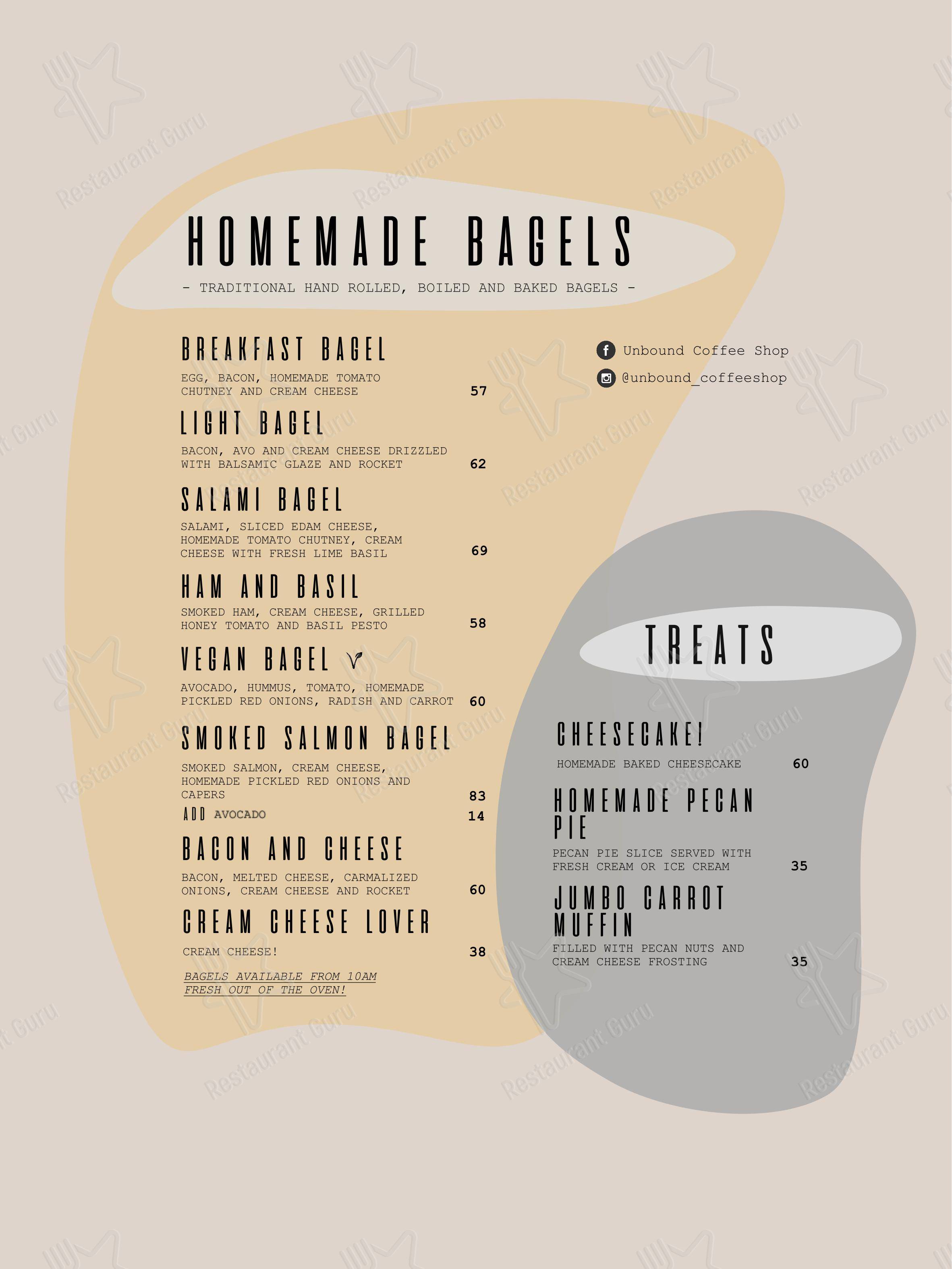 Menu at Unbound Coffee & Bagels, Bloemfontein