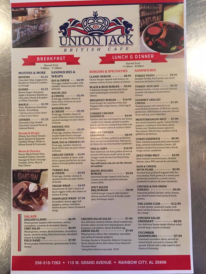 Menu at Union Jack Cafe, Rainbow City