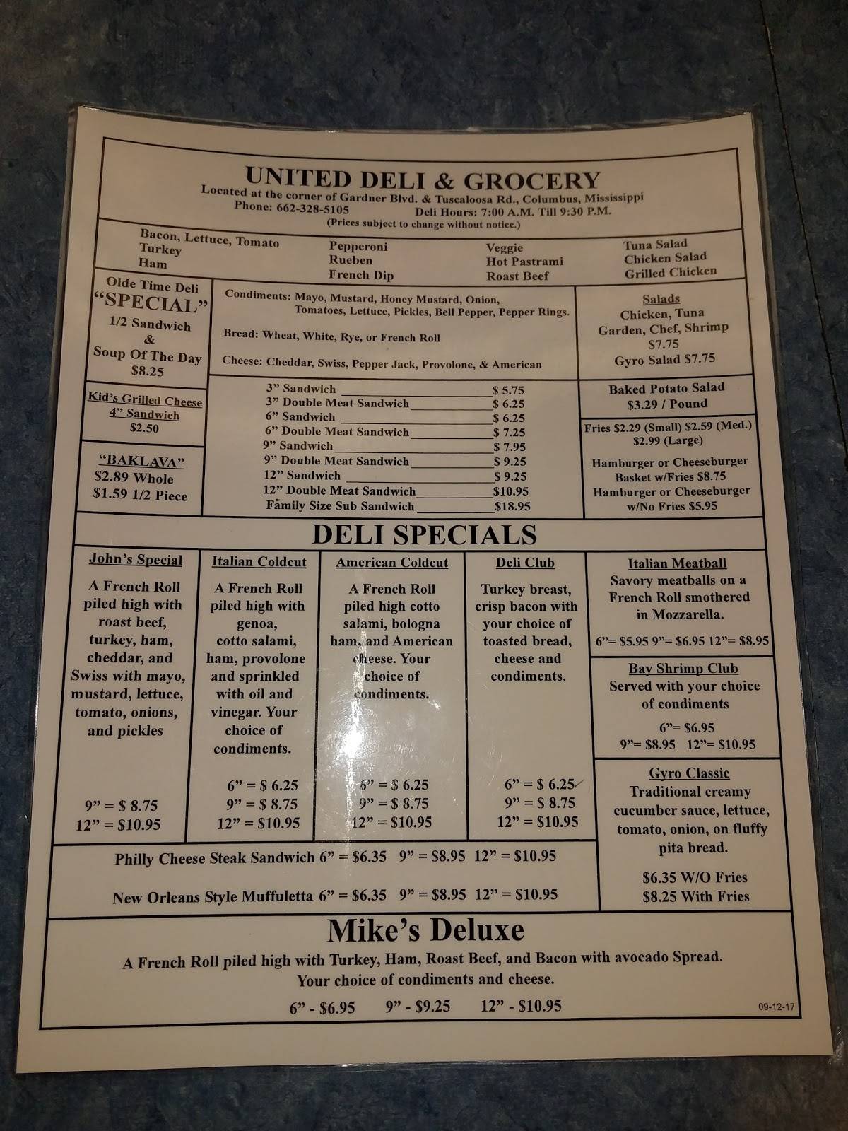 Menu at United Deli & Grocery restaurant, Columbus