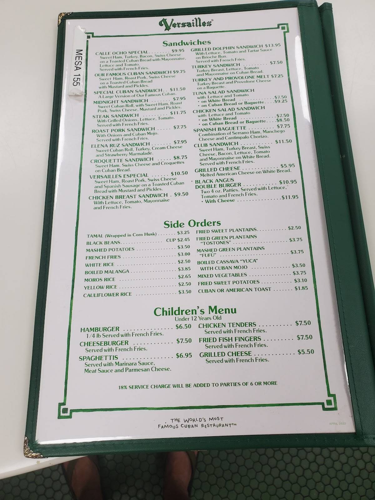 Menu at Versailles Restaurant Cuban Cuisine, Miami, SW 8th St