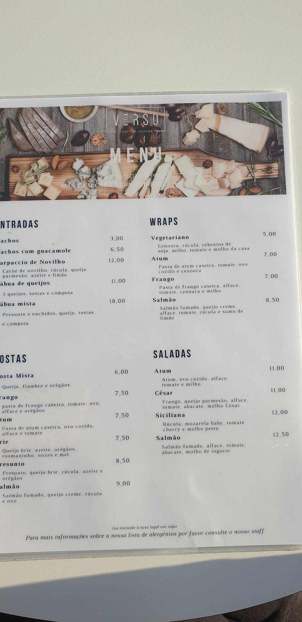 Menu em Verso Rooftop pub & Bar, Oeiras