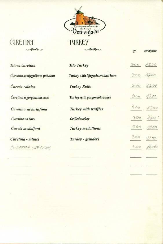 Menu at Vetrenjača restaurant, Pancevo
