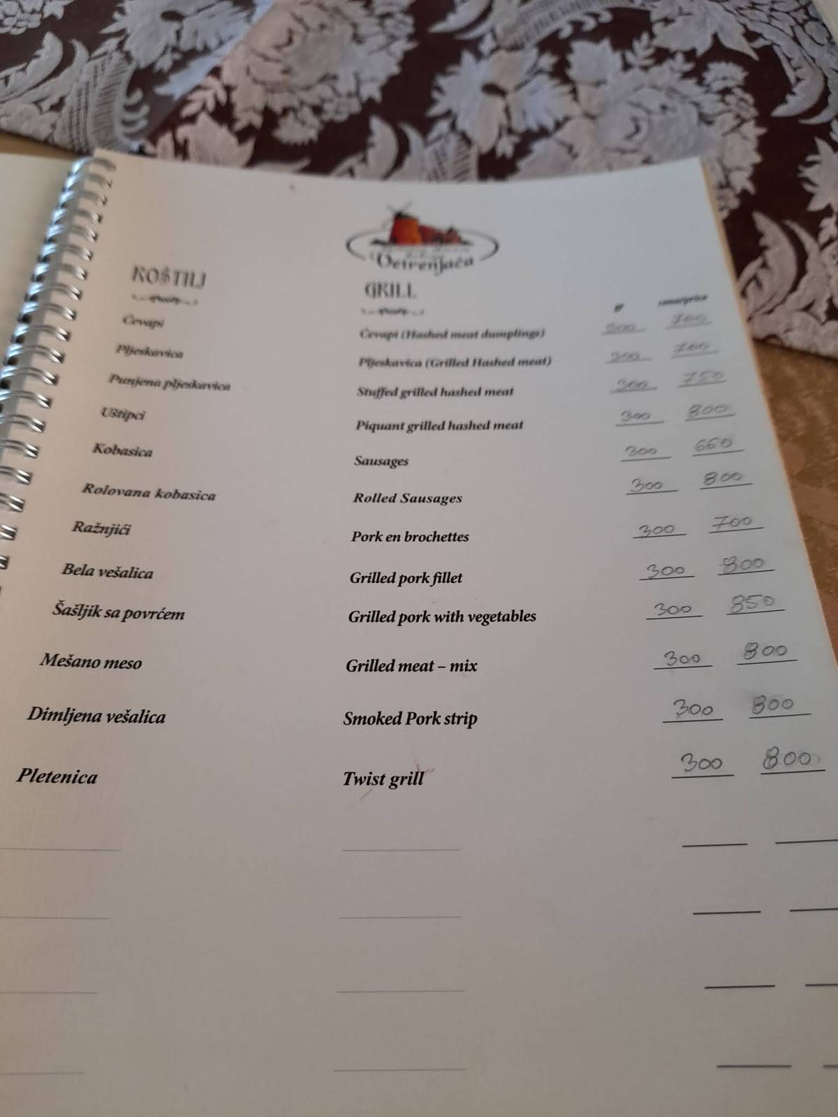 Menu at Vetrenjača restaurant, Pancevo
