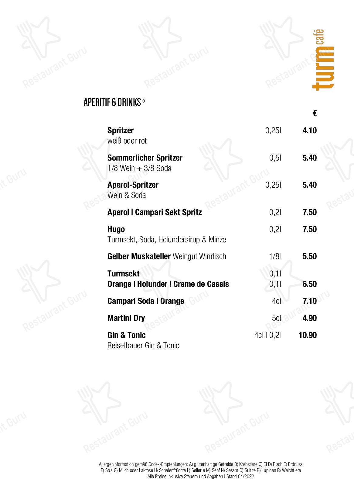 Speisekarte von Turm Café cafe, Wien