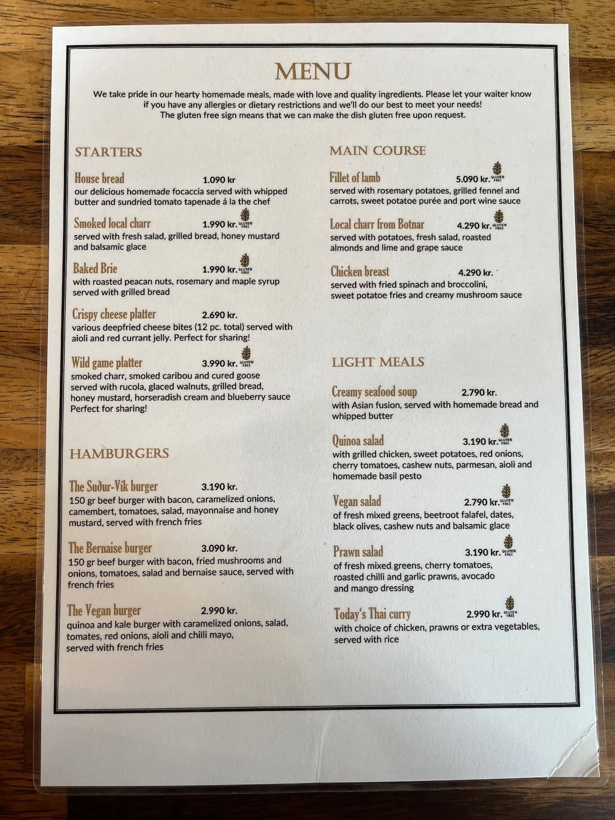 Menu at Restaurant Suður-Vík, Vik