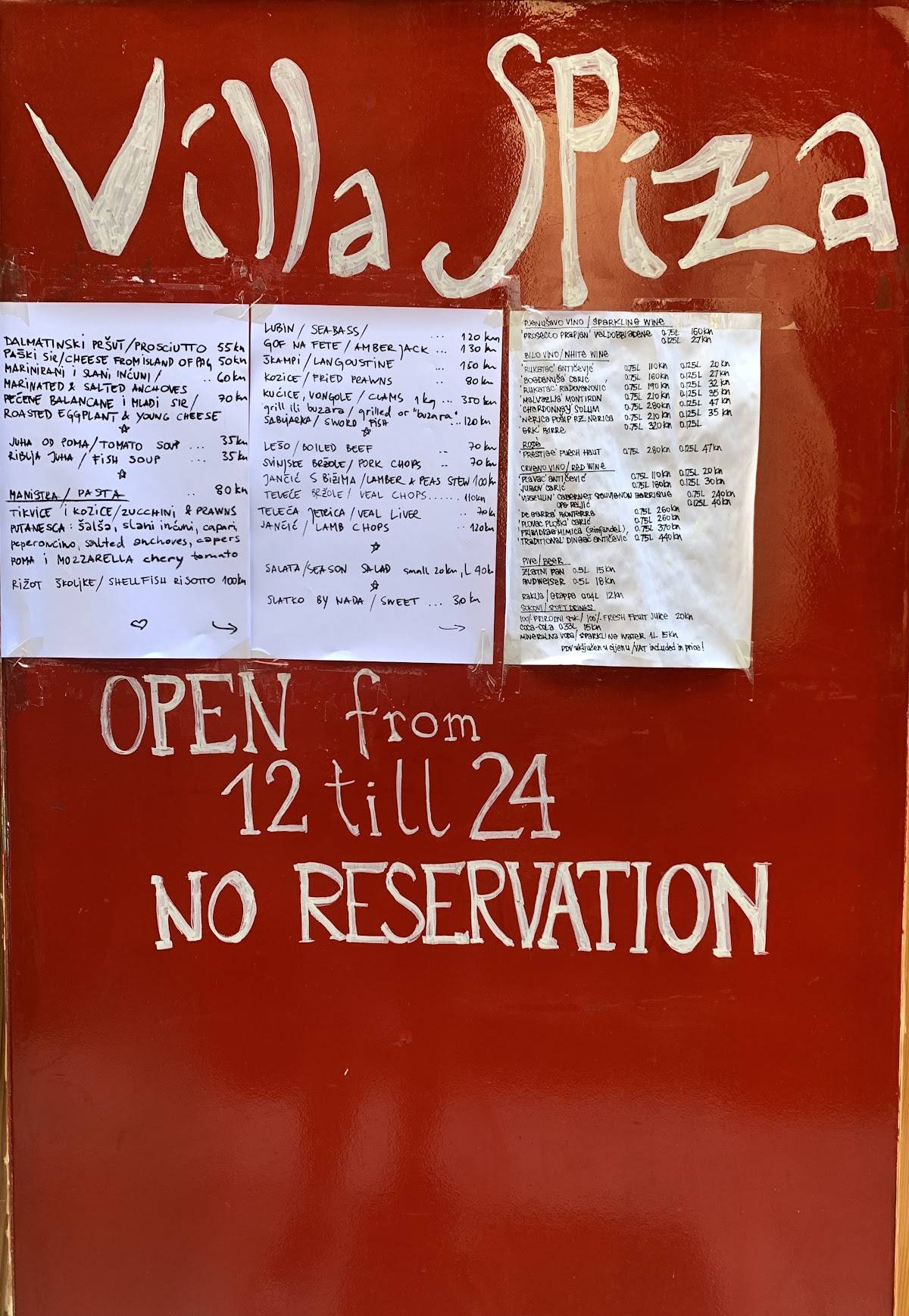Menu at Villa Spiza restaurant, Split
