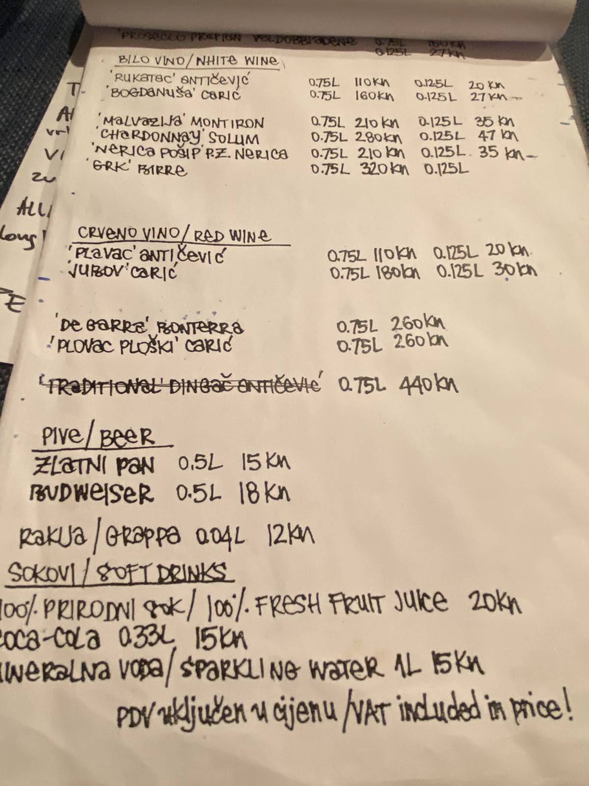 Menu at Villa Spiza restaurant, Split
