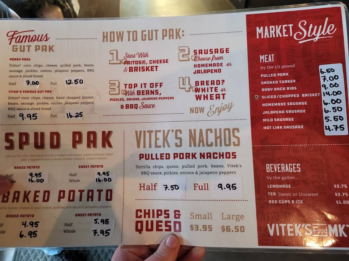 Menu at Vitek's BBQ, Waco