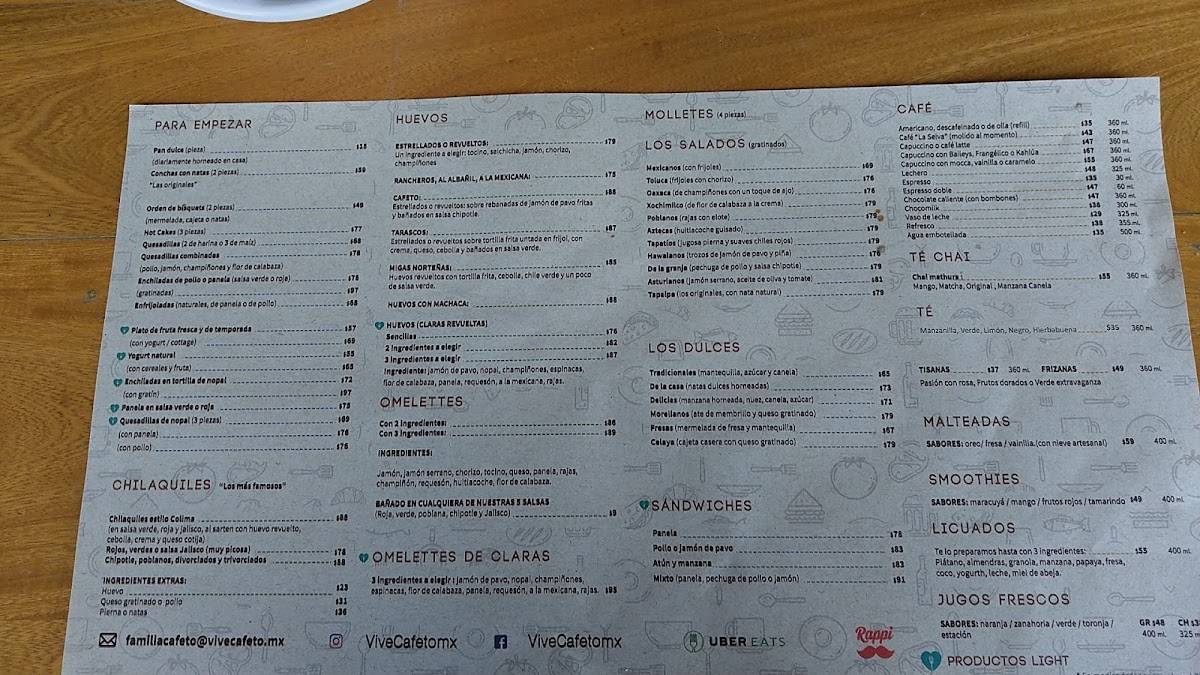 Menu at Vive Cafeto, Zapopan, Av Naciones Unidas 5522