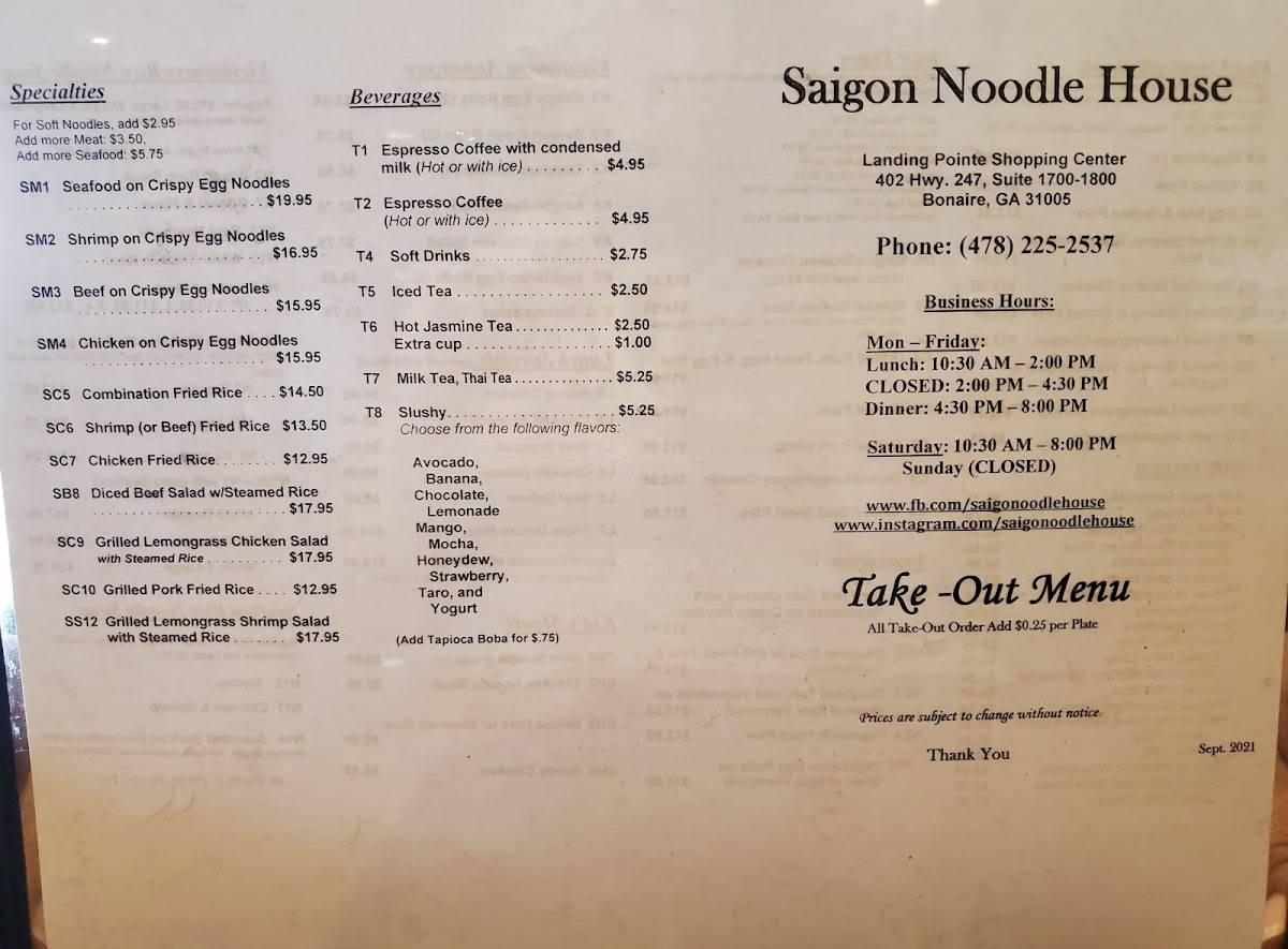 Menu at Saigon Noodle House restaurant, Warner Robins