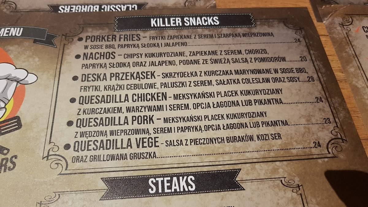 Menu at Grill Killers restaurant, Warsaw