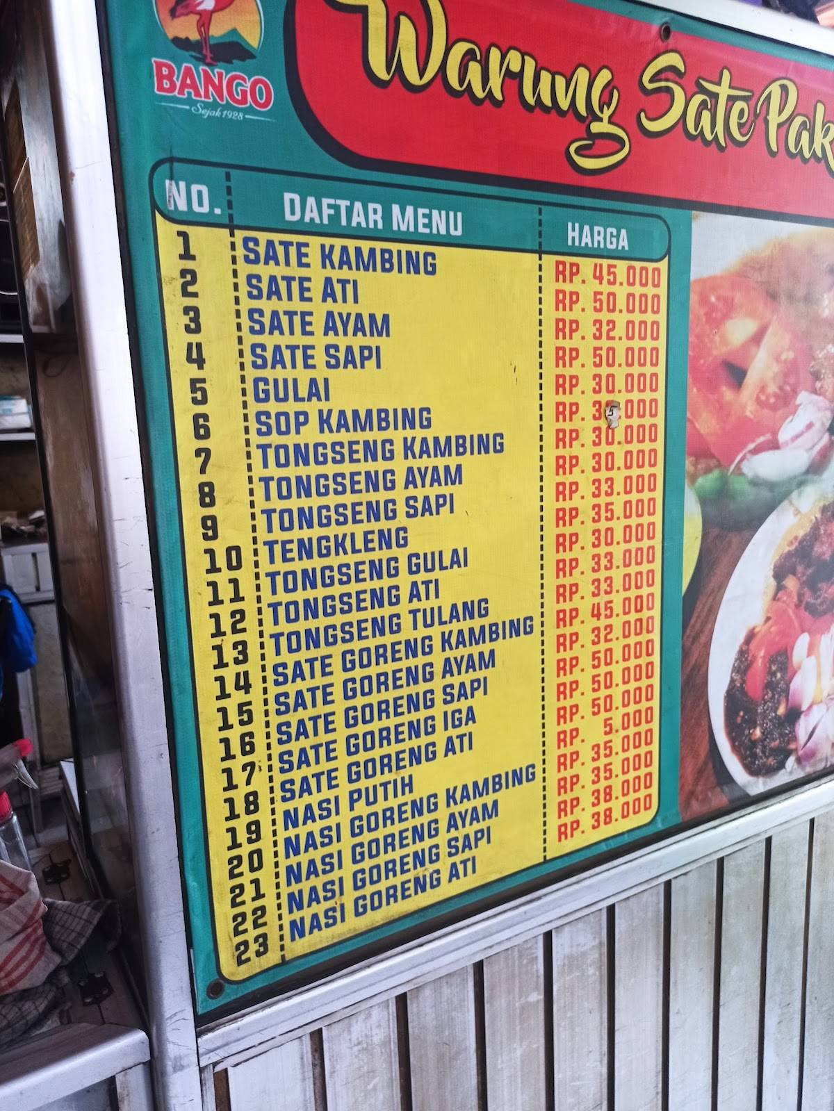 Menu at Warung Sate & Tongseng Pak Syam restaurant, East Jakarta