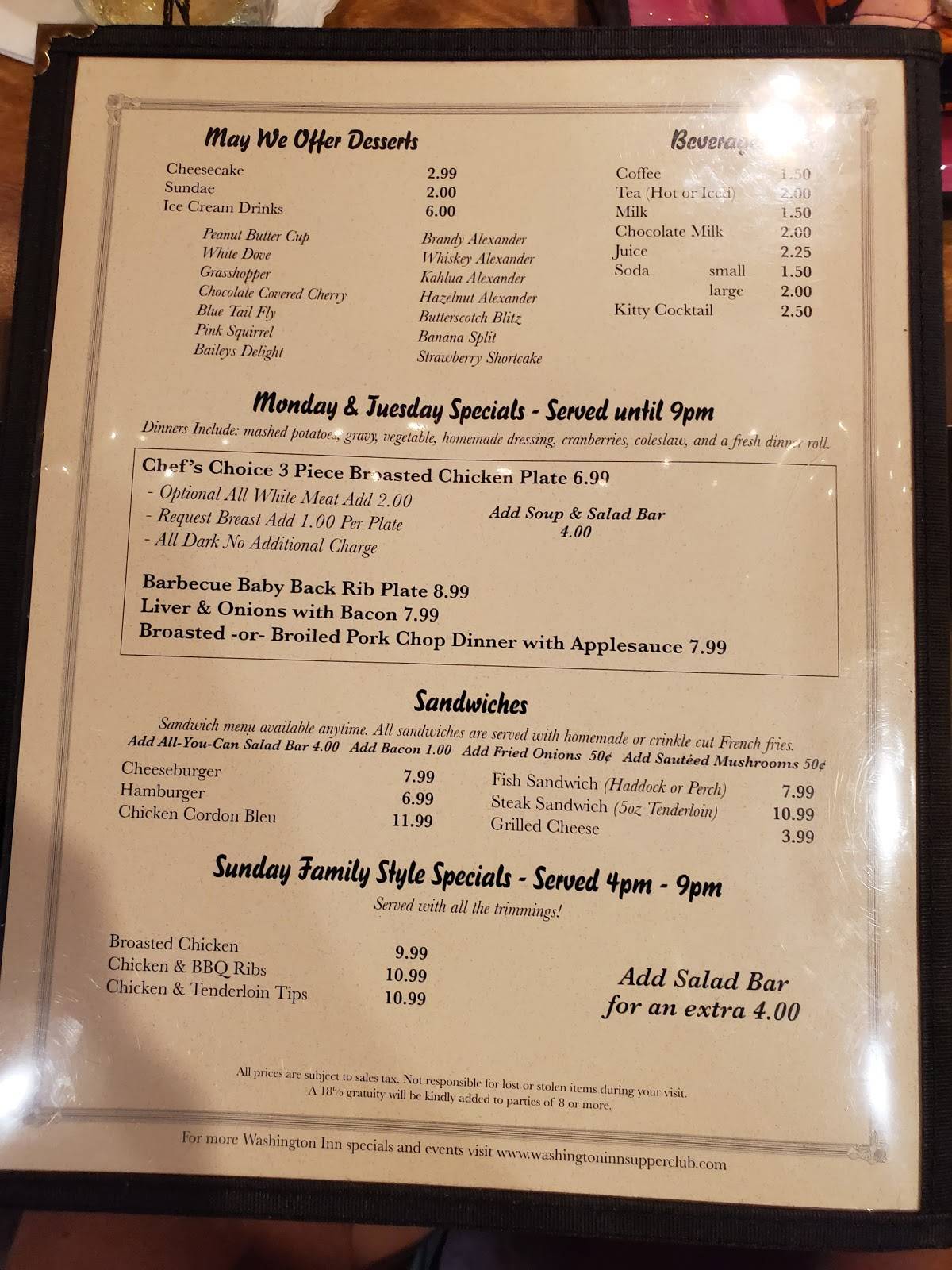Menu at Washington Inn Supper Club, Cecil