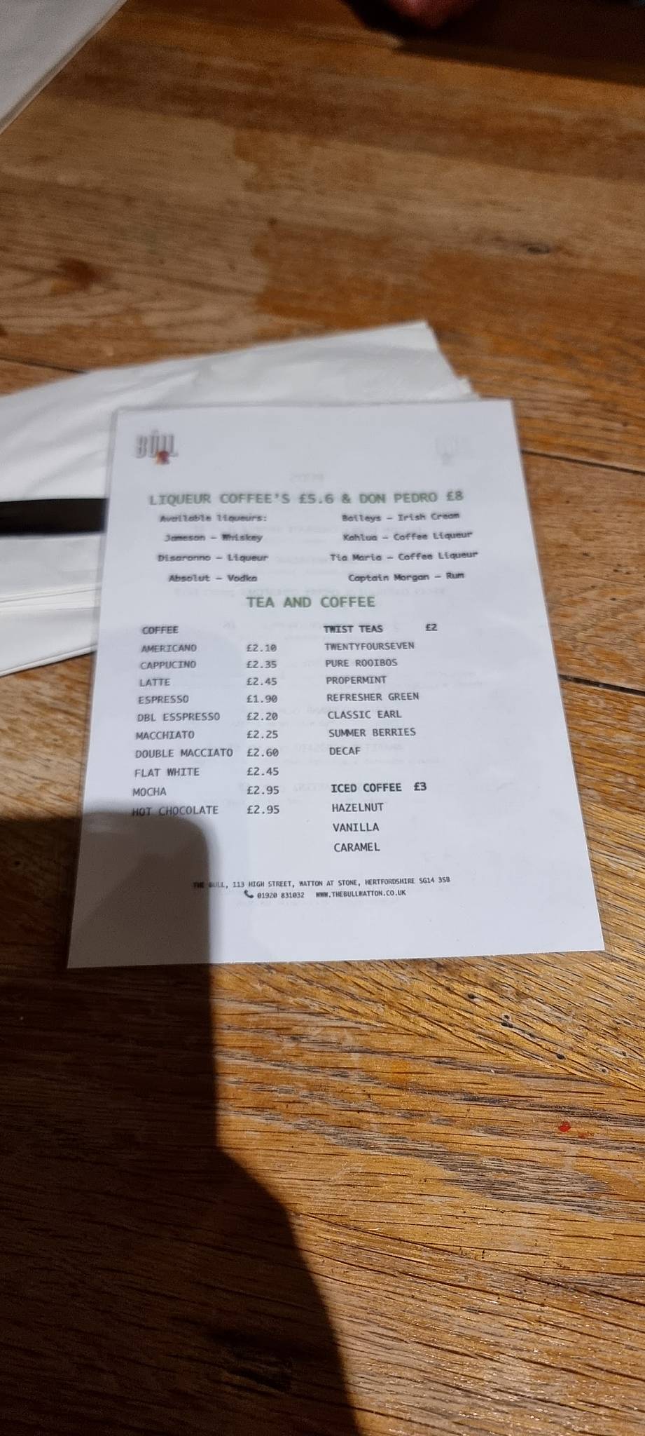 Menu at The Bull pub & bar, Watton at Stone