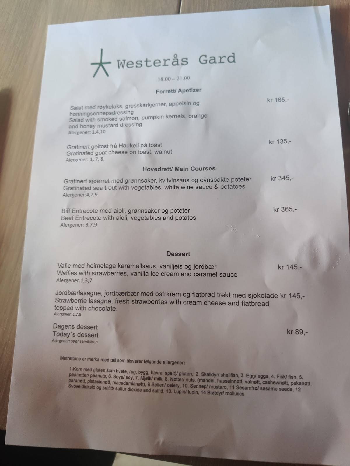 Menu at Westerås Restaurant, Geiranger