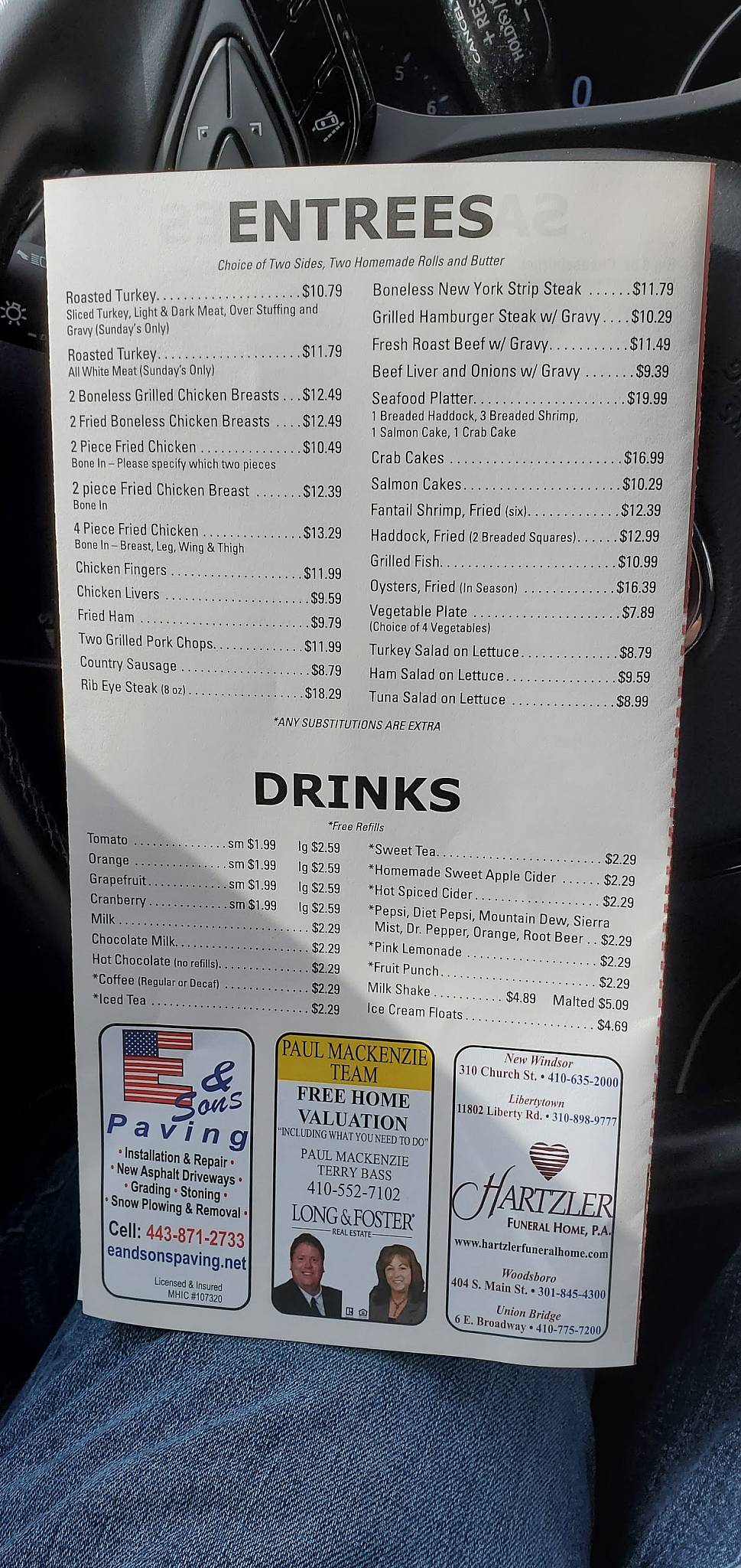 Menu at Baugher's Restaurant, Westminster