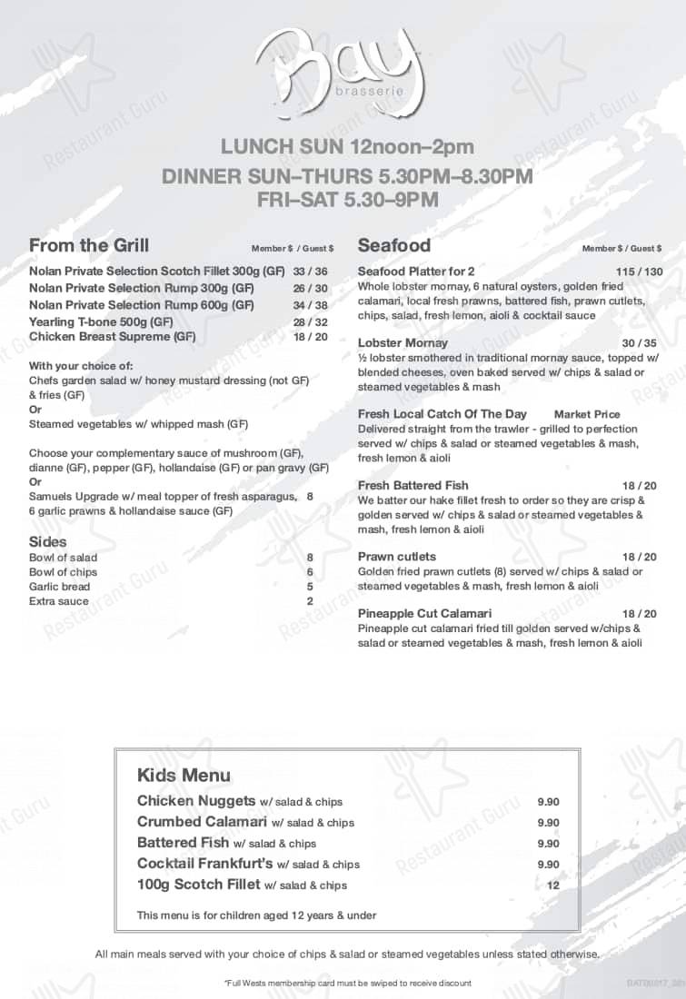 Menu at Wests Nelson Bay restaurant, Nelson Bay