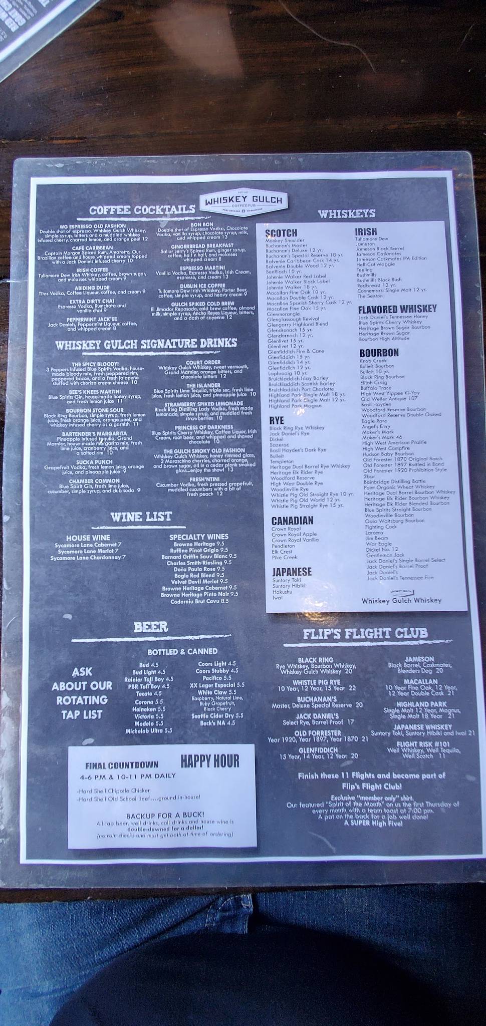 Menu at Whiskey Gulch CoffeePub, Port Orchard