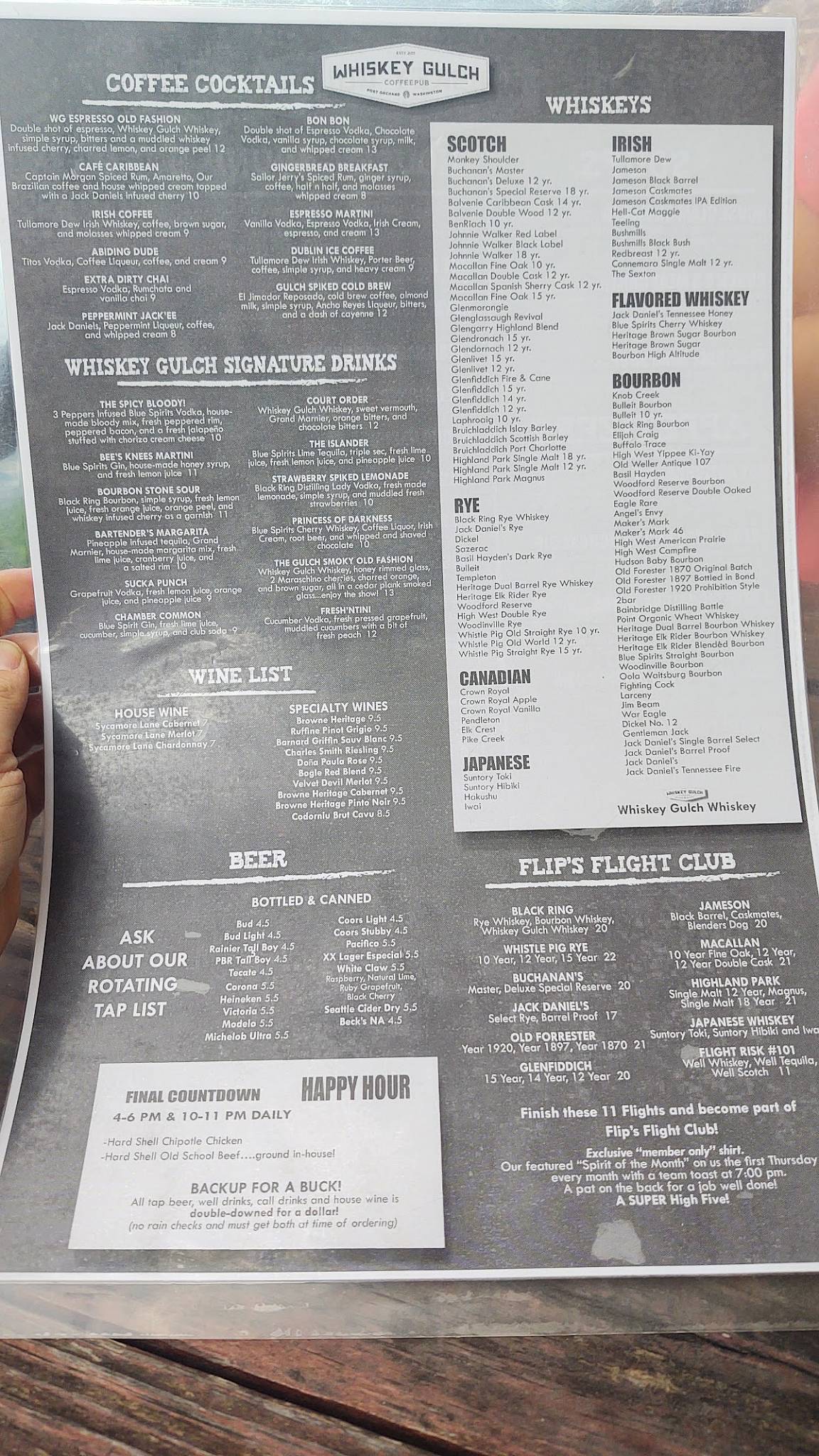 Menu at Whiskey Gulch CoffeePub, Port Orchard