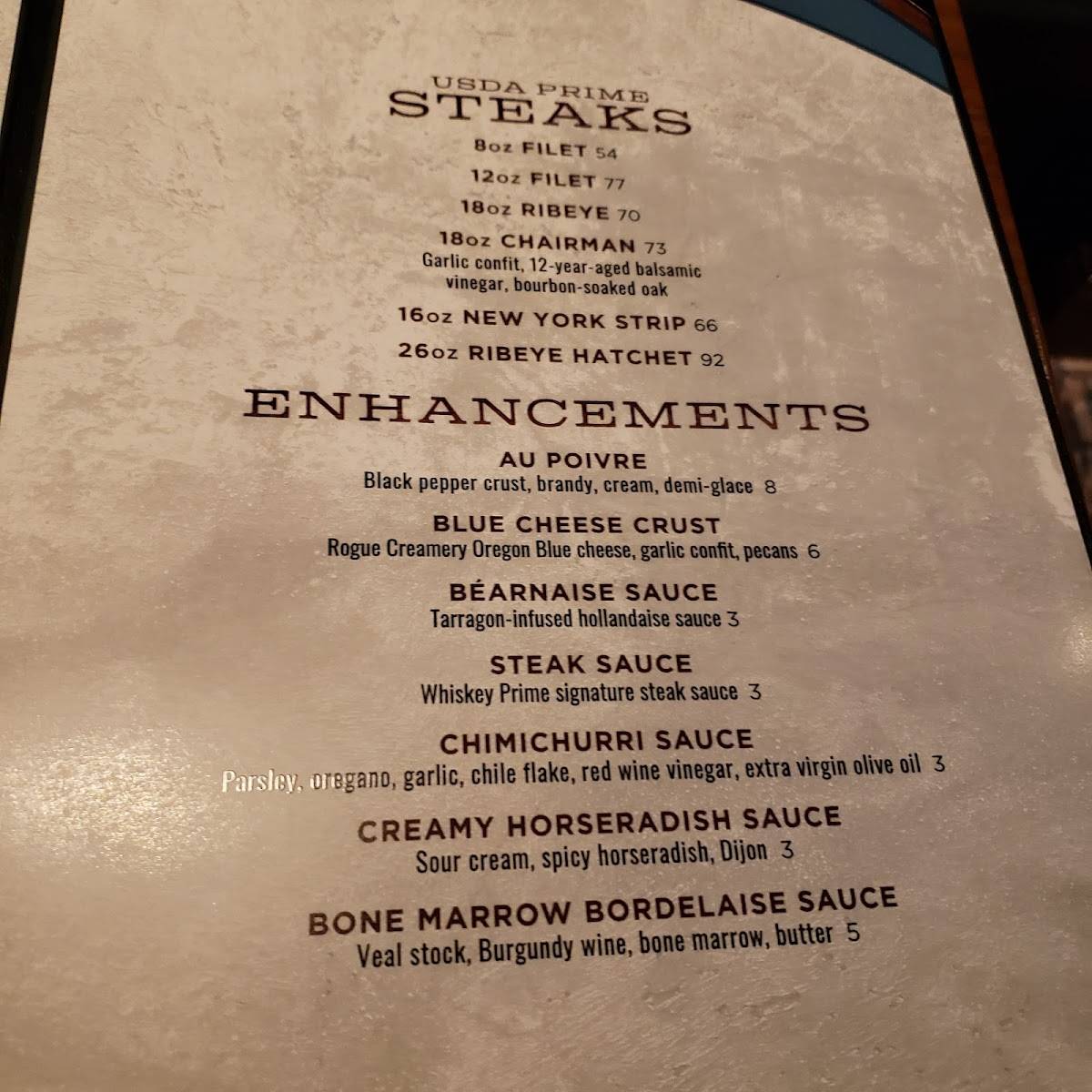 Menu at Whiskey Prime Steakhouse, Arlington