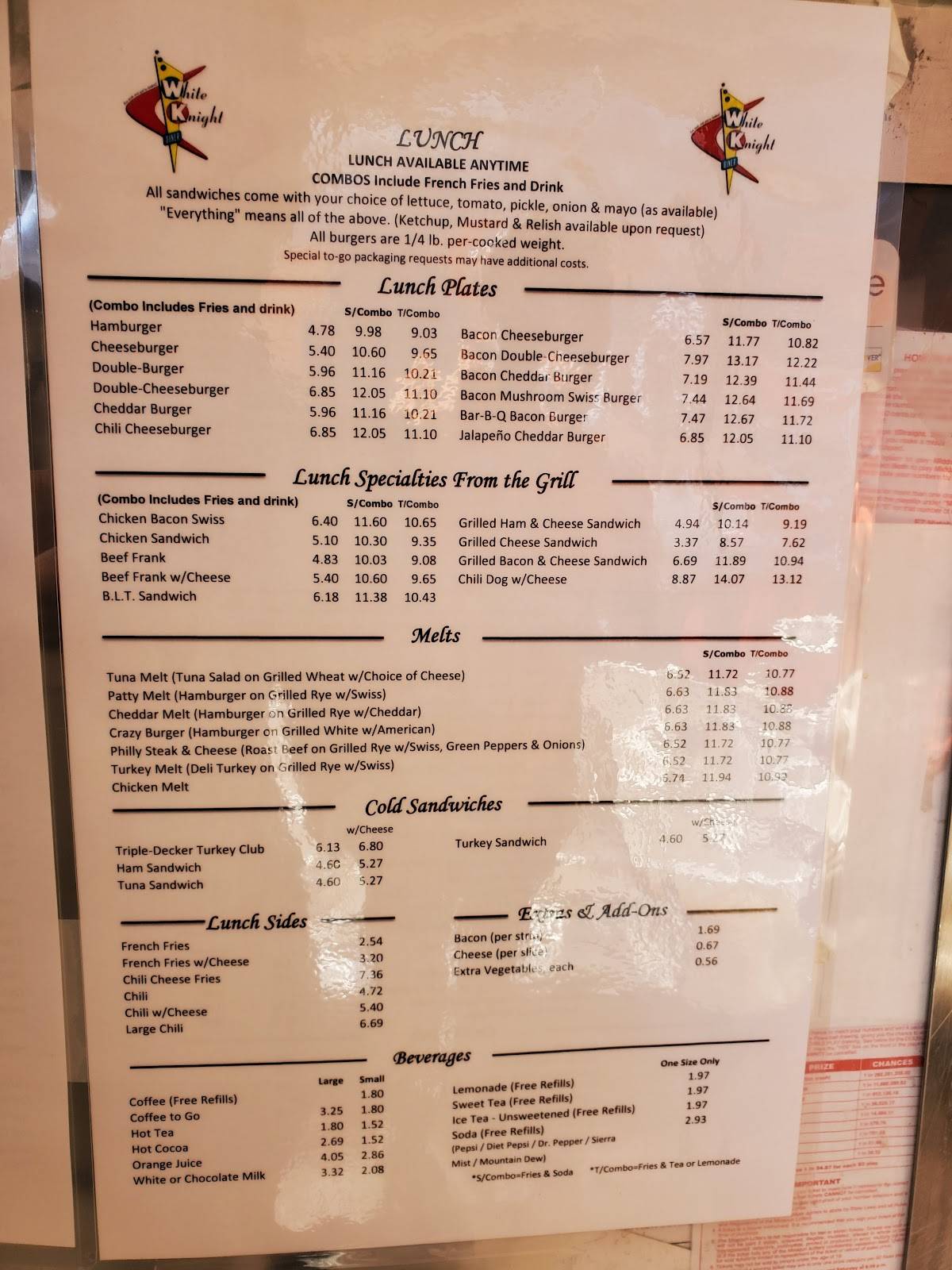 Menu at White Knight Diner restaurant, St. Louis