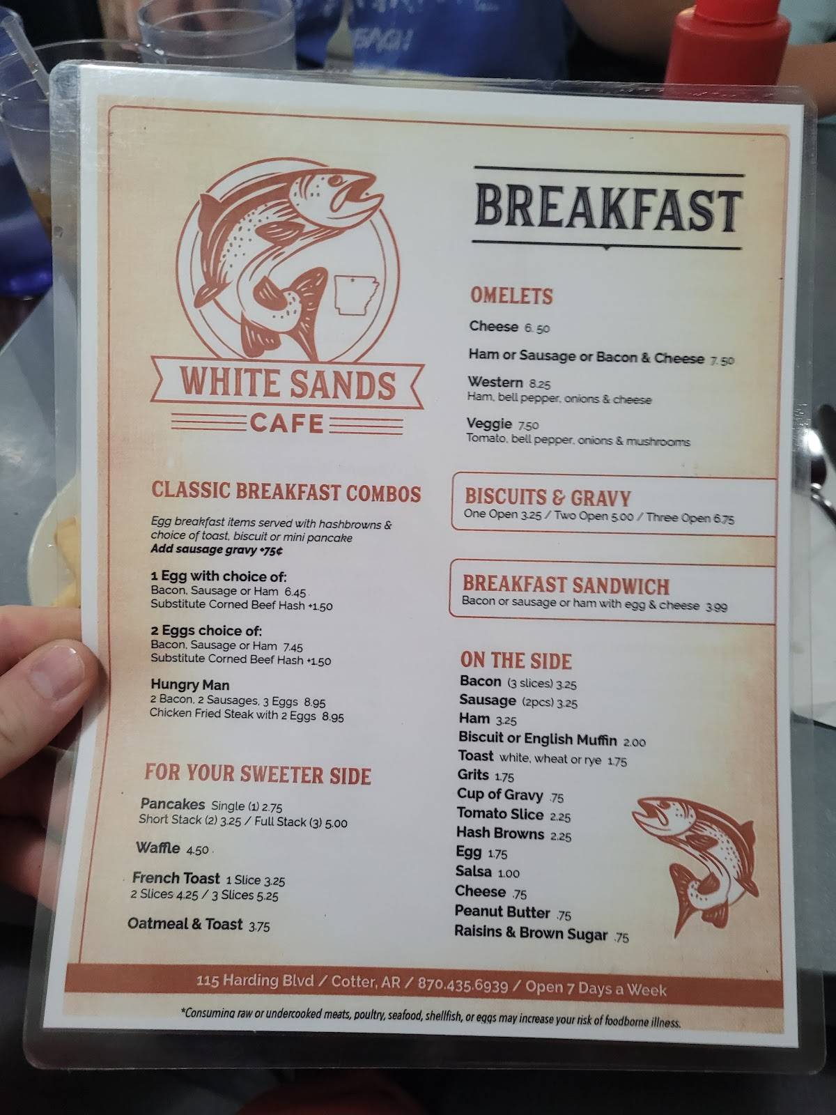 Menu at White Sands Cafe, Cotter