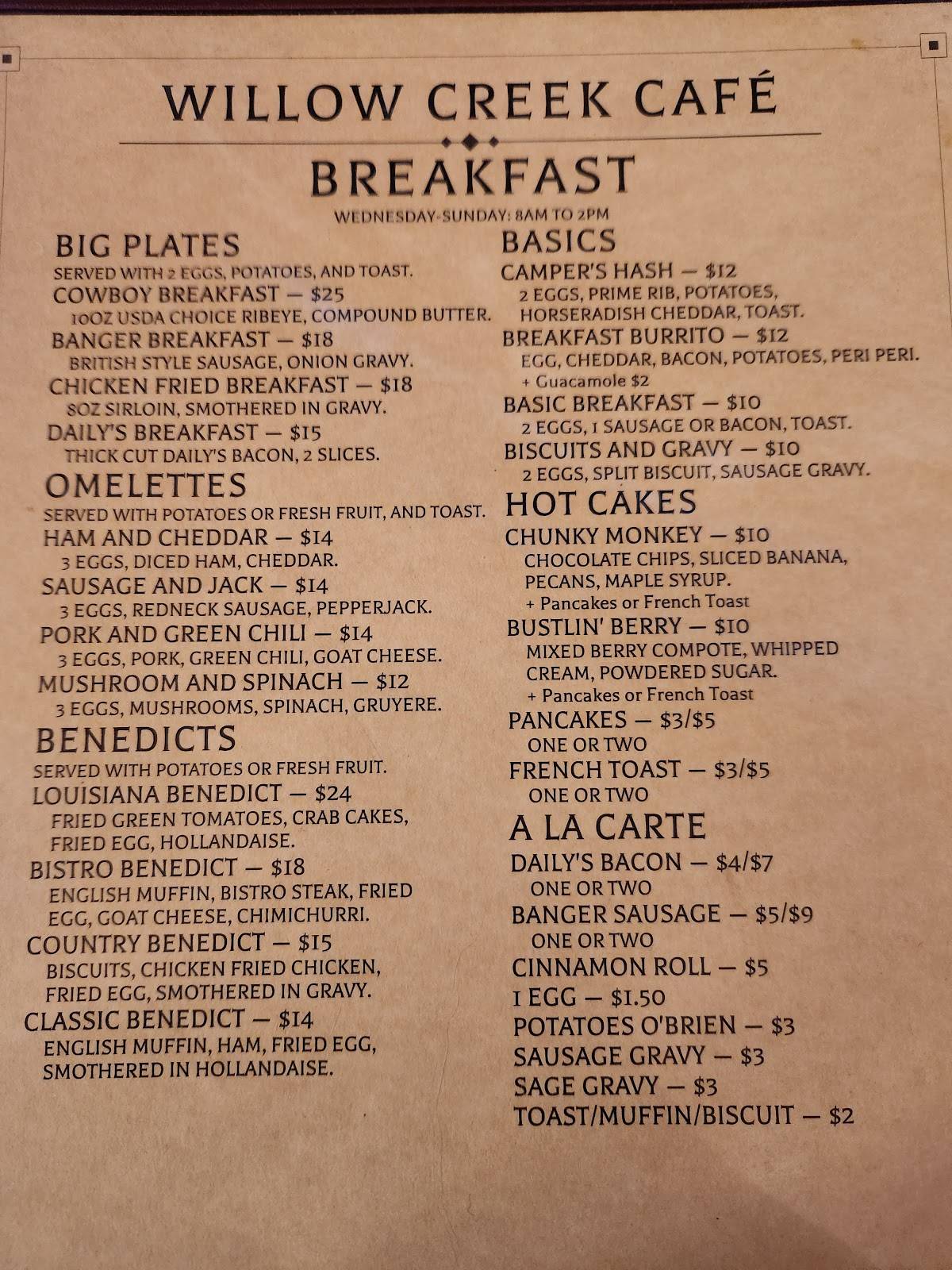 Menu at Woolzie's Willow Creek Cafe & Supper Club, Willow Creek