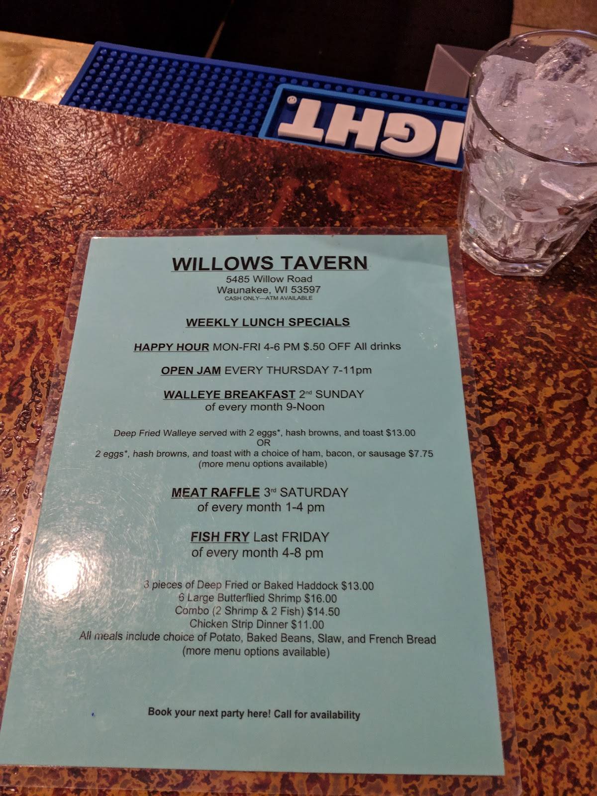 Menu at Willows Tavern pub & bar, Waunakee
