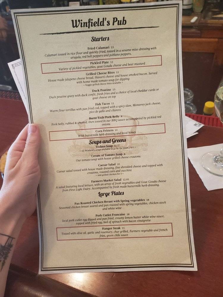 Menu at Winfield's Pub, Buffalo