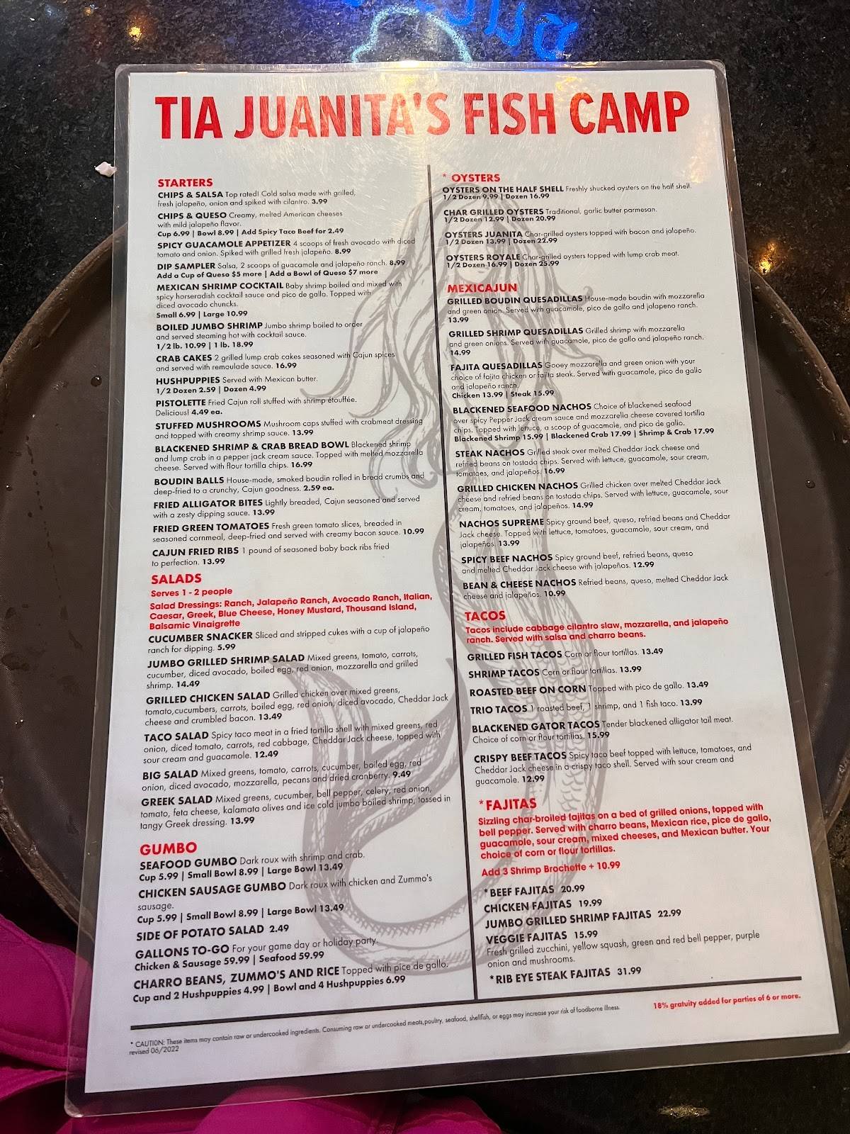 Menu at Tia Juanita's Fish Camp Winnie restaurant, Winnie