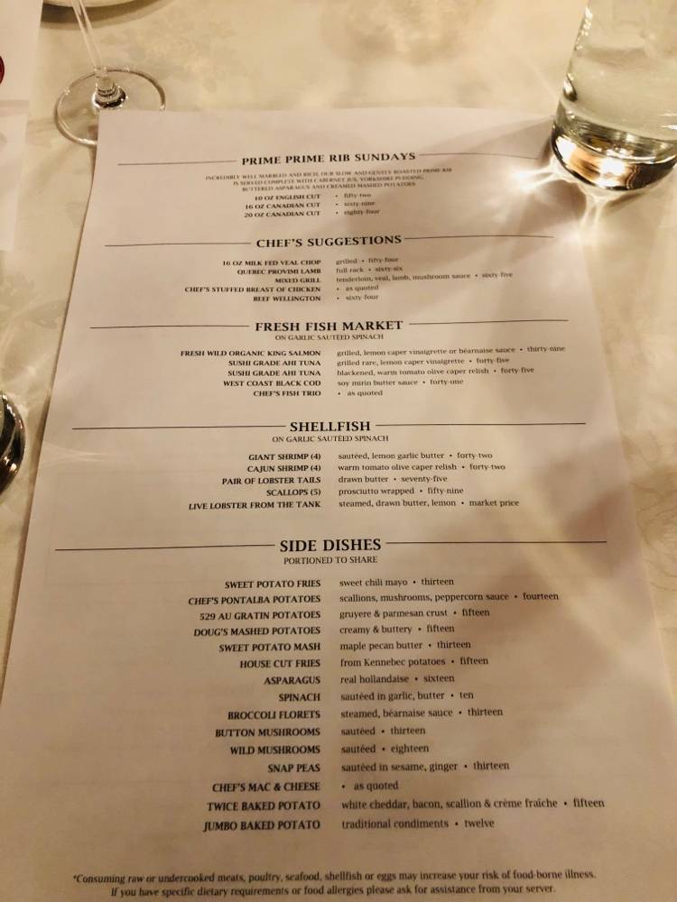 Menu at 529 Wellington Steakhouse, Winnipeg