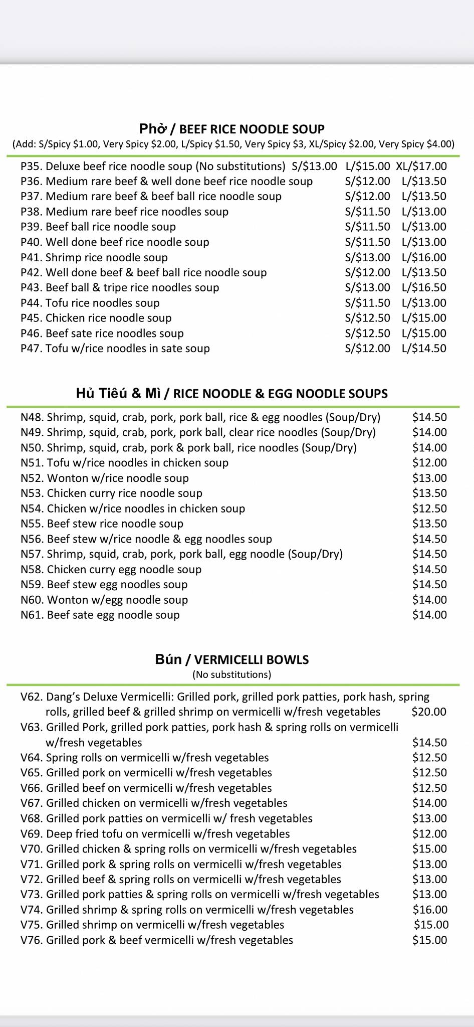 Menu at T.H. Dang Restaurant, Winnipeg