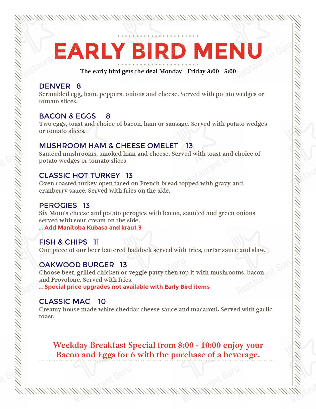 Menu at Oakwood Cafe, Winnipeg
