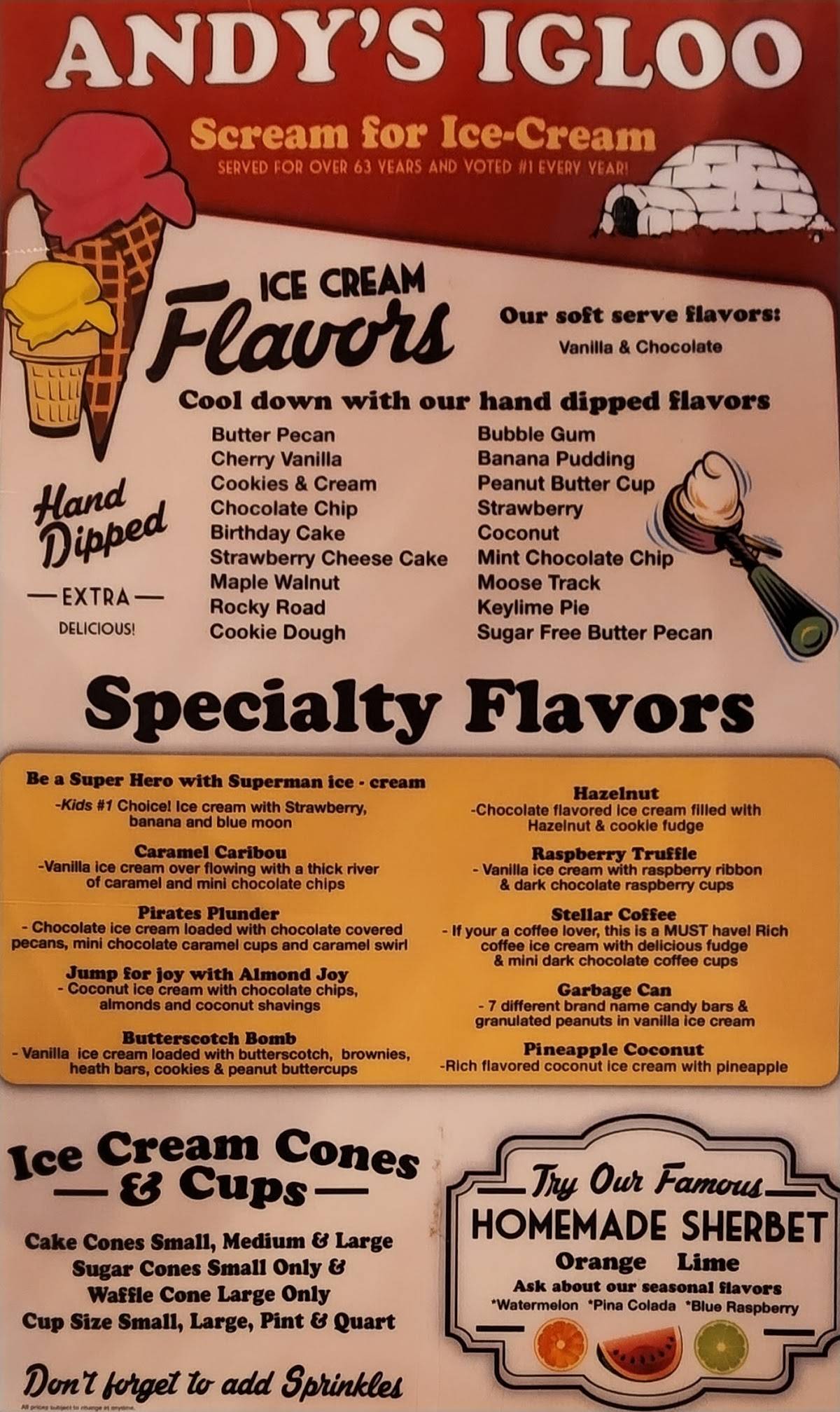 Menu at Andy's igloo Drive-In Restaurant, Winter Haven