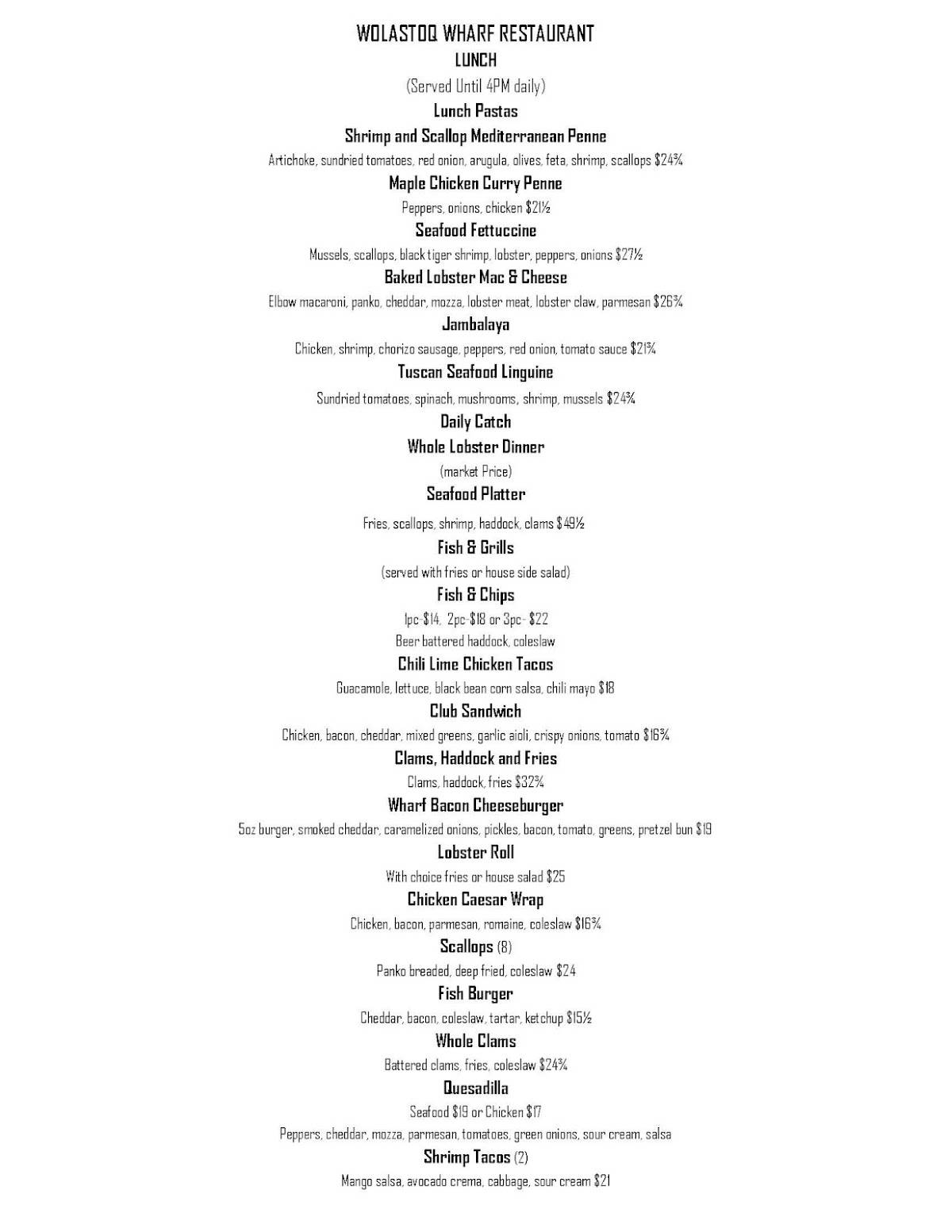 Menu at Wolastoq Wharf restaurant, Fredericton