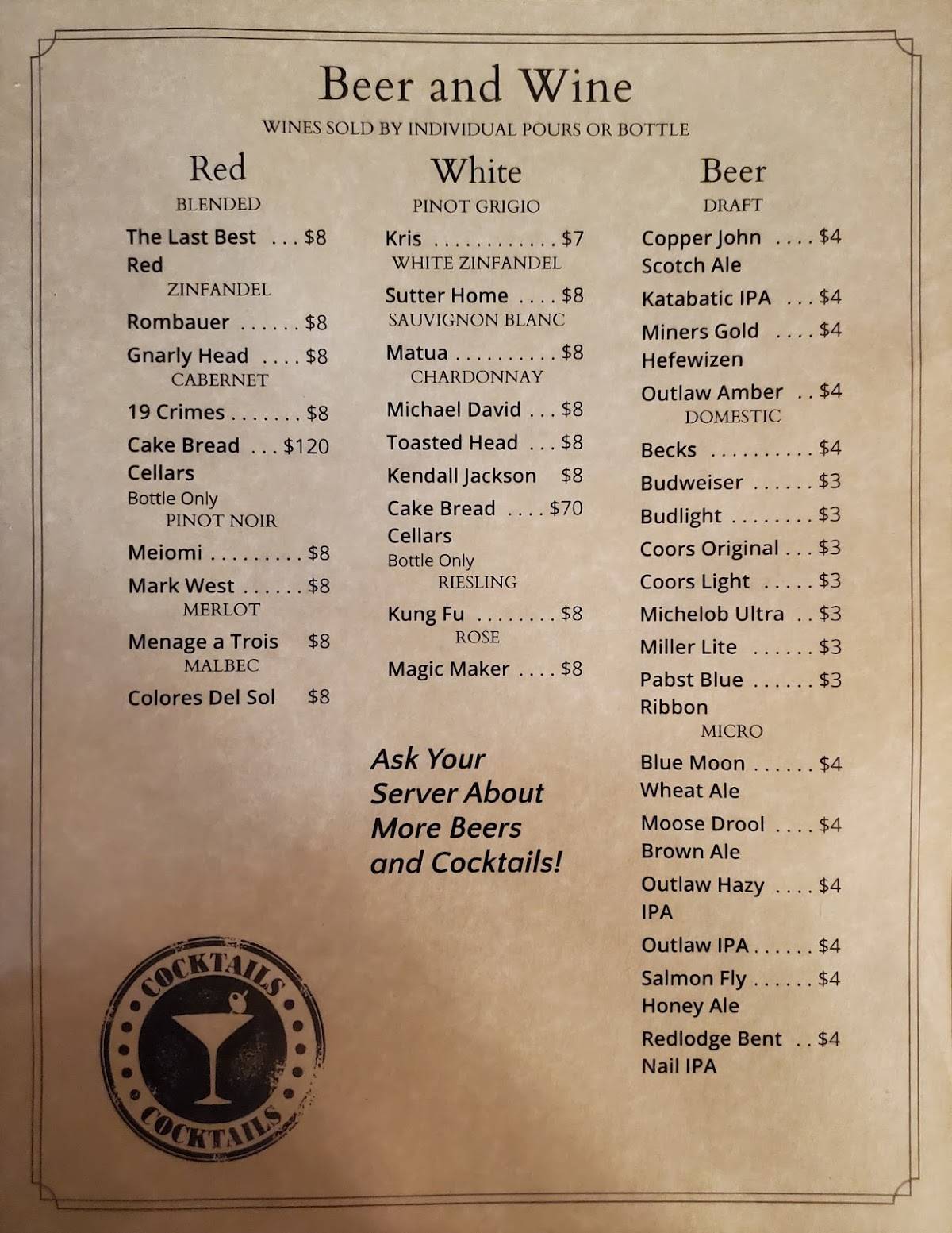 Menu at Woolzie's Willow Creek Cafe & Supper Club, Willow Creek