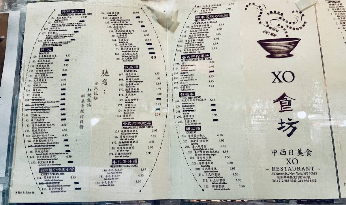 Menu at XO restaurant, New York City, 148 Hester St