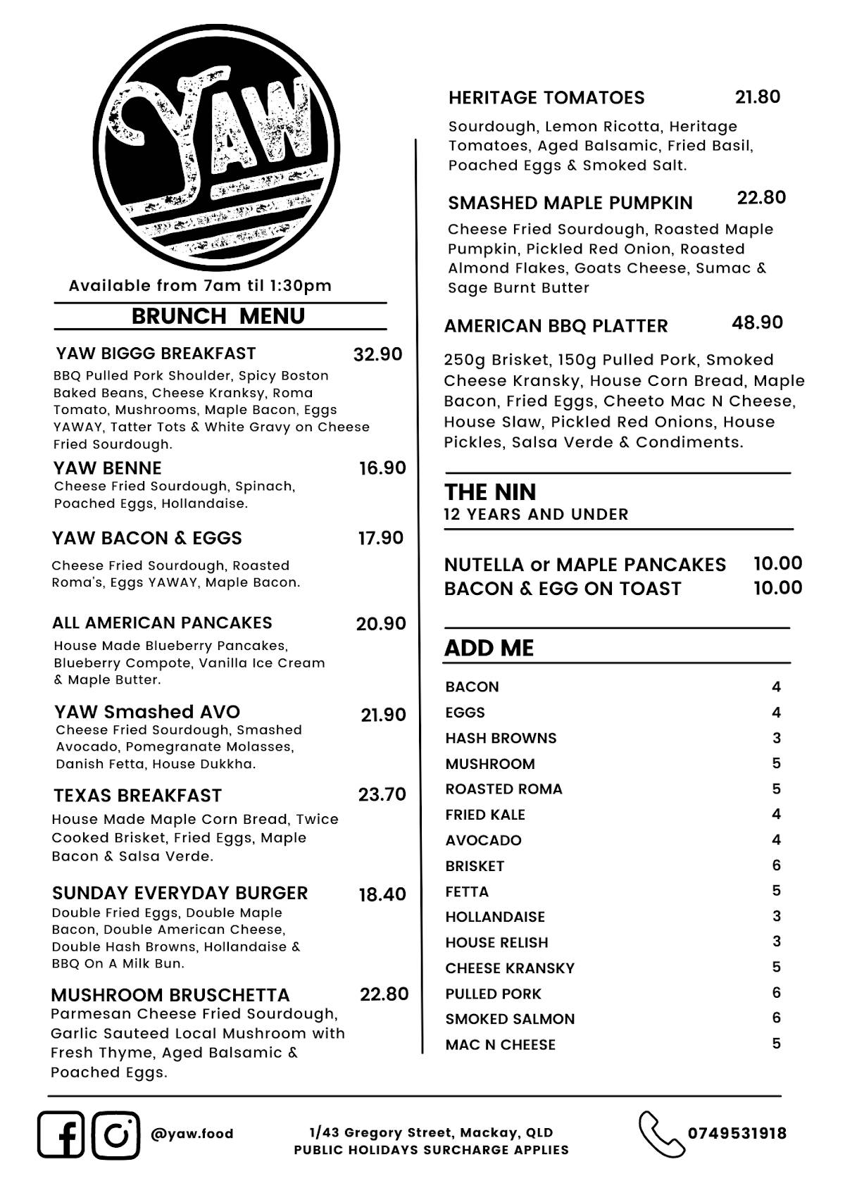 Menu at YAW cafe, Mackay