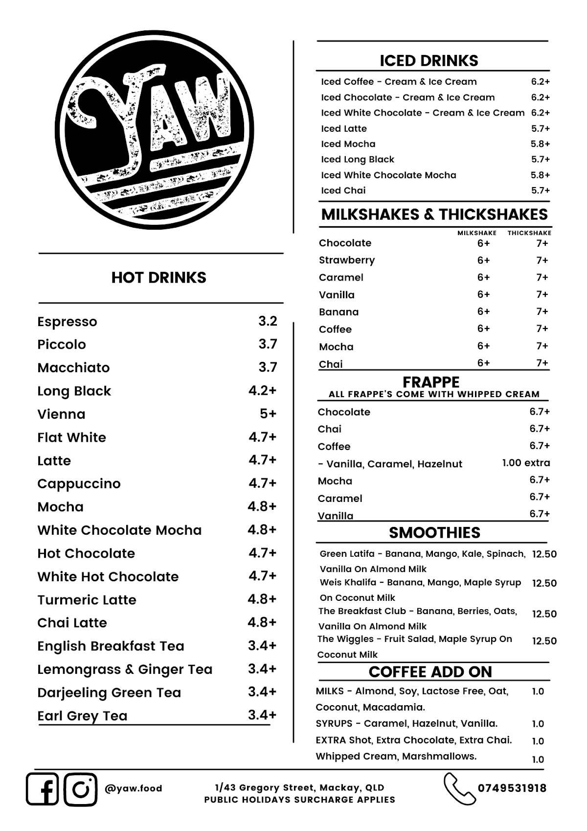 Menu at YAW cafe, Mackay