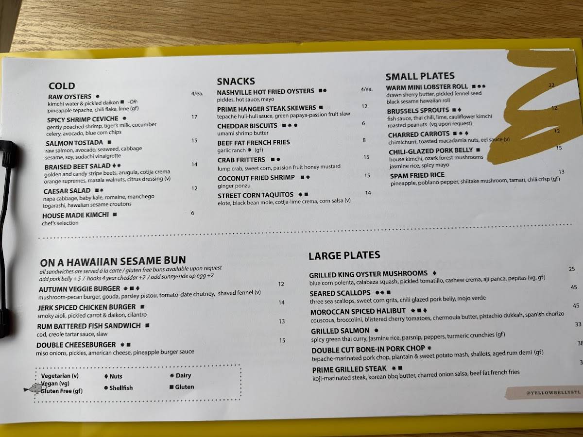 Menu at Yellowbelly pub & bar, St. Louis
