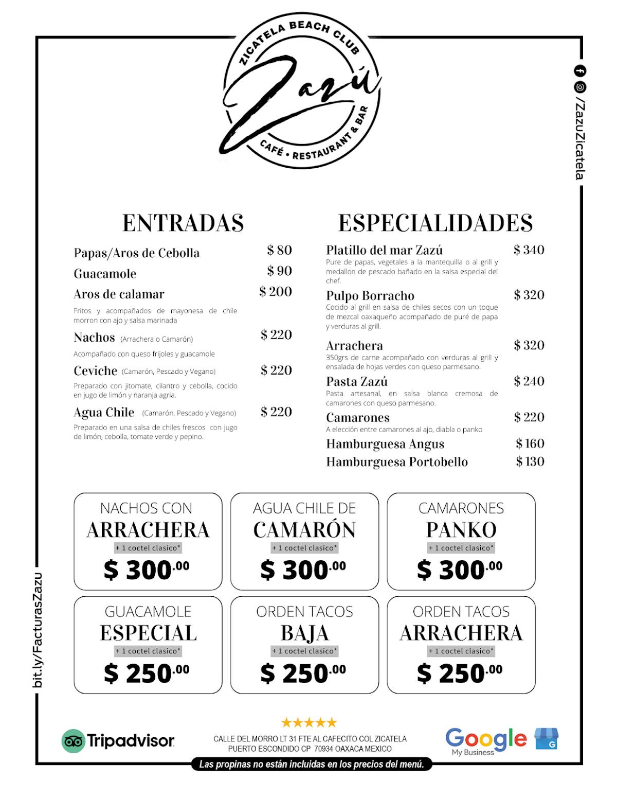 Menu at ZAZÚ Zicatela pub & bar, Brisas de Zicatela