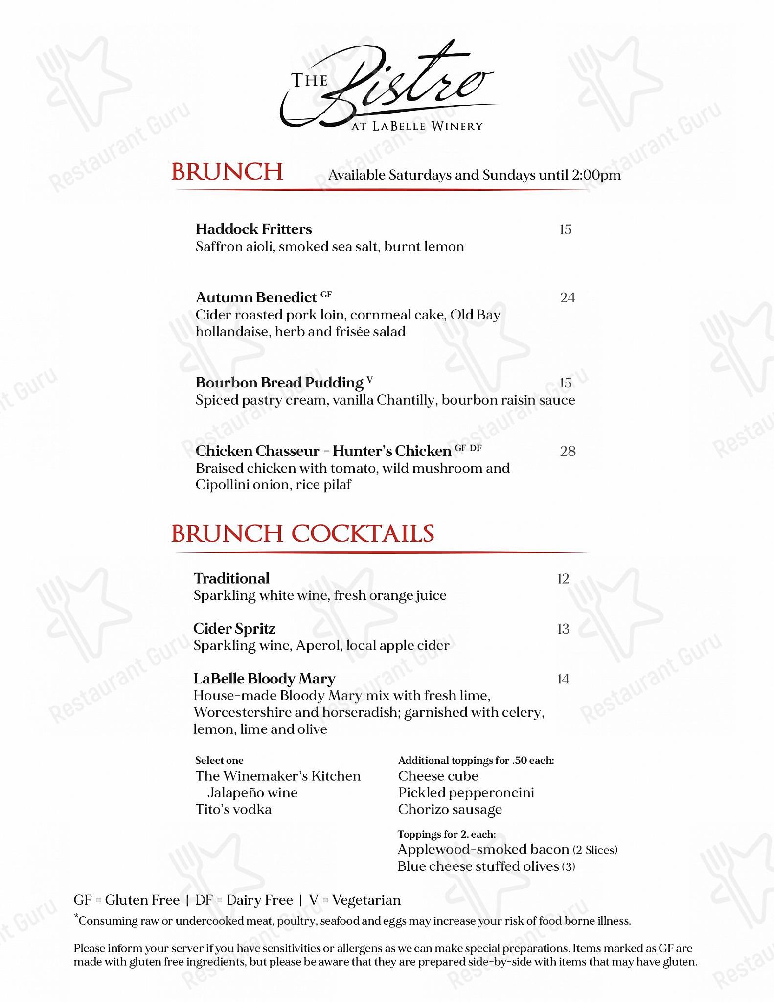 Menu at Americus Restaurant at LaBelle Winery, Derry