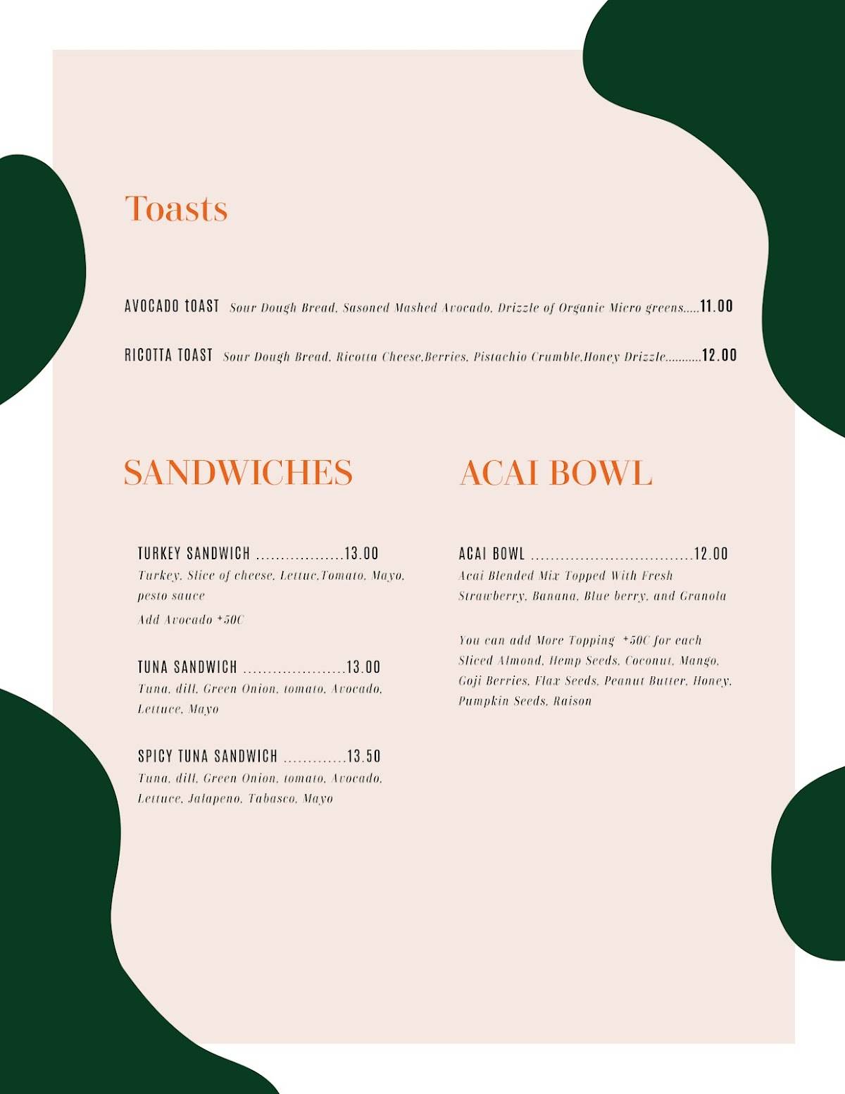 Menu at café Persona cafe, Los Angeles